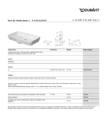 Duravit 038460 Vero Air Vanity basin Specification | Manualzz