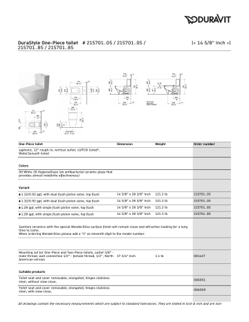 Duravit 215701 DuraStyle One-Piece toilet Specification | Manualzz