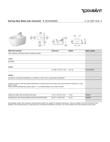 Duravit 224915 Darling New Bidet wall-mounted Specification | Manualzz