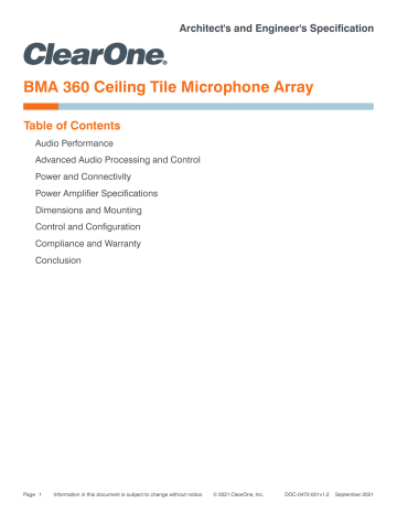 ClearOne BMA 360 A&E Spec Specification Sheet | Manualzz