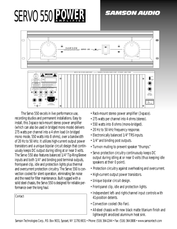 Samson Power Amplifier Servo 550 Specification Sheet | Manualzz