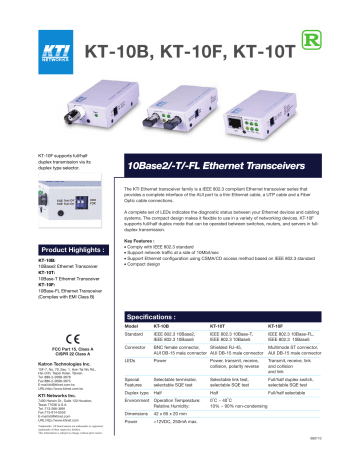 KTI Networks KT-10F Specification Sheet | Manualzz