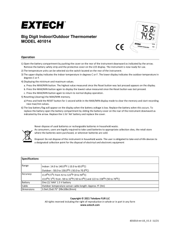 Extech Instruments 401014 Big Digit Indoor/Outdoor Thermometer User's ...