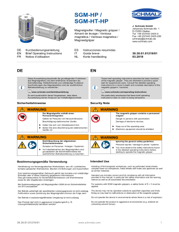Schmalz SGM-HP 50 G1/4-IG Magnetic gripper for handling metal sheets Operating Instructions ...