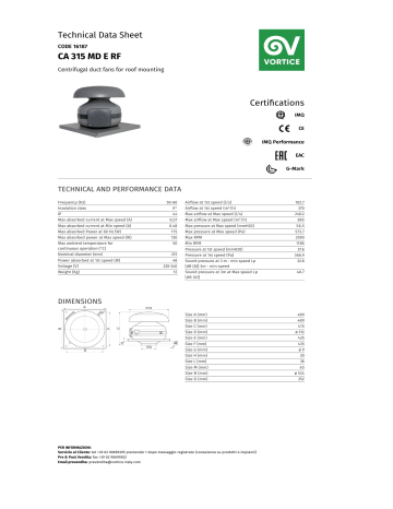 Vortice CA 315 MD E RF Centrifugal duct fan Data Sheet | Manualzz