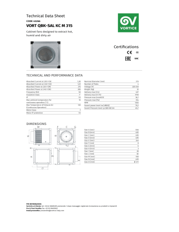 Vortice VORT QBK-SAL KC M 315 Cabinet fan Data Sheet | Manualzz