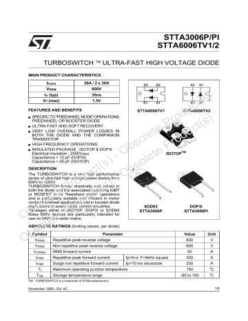 STMicroelectronics TURBOSWITCH - ULTRA-FAST HIGH VOLTAGE DIODE Datasheet | Manualzz