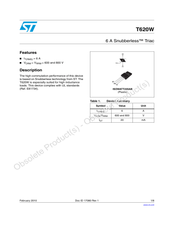 STMicroelectronics 6 A Snubberless™ Triac Datasheet | Manualzz