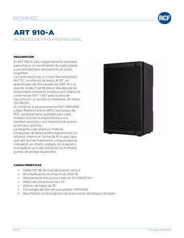 RCF ART 910-A PROFESSIONAL ACTIVE SPEAKER Especificación | Manualzz