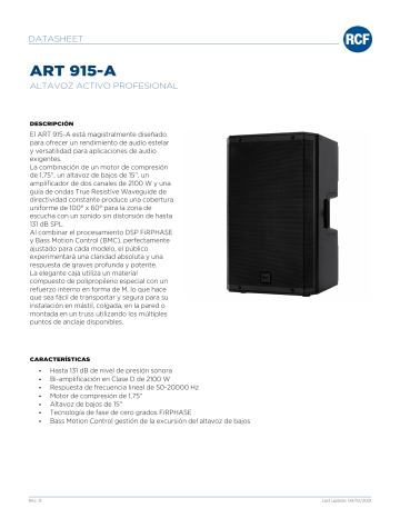 RCF ART 915-A PROFESSIONAL ACTIVE SPEAKER Especificación | Manualzz
