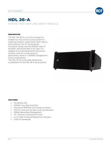 RCF HDL 26-A ACTIVE TWO WAY LINE ARRAY MODULE SpecSheet | Manualzz