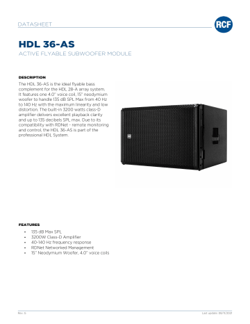 RCF HDL 36-AS ACTIVE FLYABLE SUBWOOFER MODULE SpecSheet | Manualzz