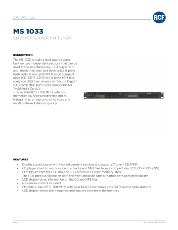 RCF MS 1033 CD / MP3 PLAYER, FM TUNER SpecSheet | Manualzz