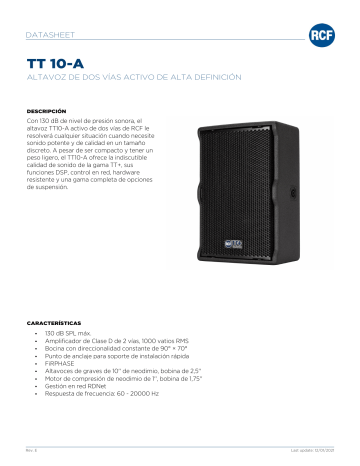 RCF TT 10-A ACTIVE TWO-WAY HIGH DEFINITION SPEAKER SpecSheet | Manualzz
