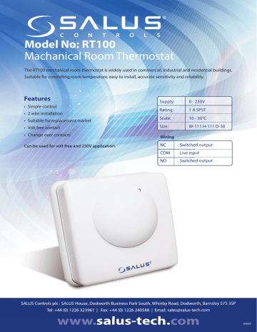 Salus RT100 Mechanical Room Thermostat Spec Sheet | Manualzz