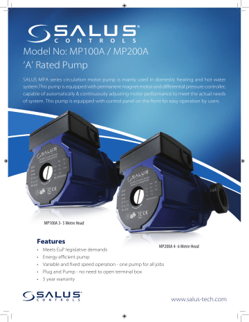 Salus MP100A Circulating Pump Spec Sheet | Manualzz