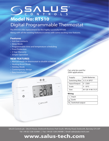 Salus RT510 Electronic Room Thermostat Spec Sheet | Manualzz