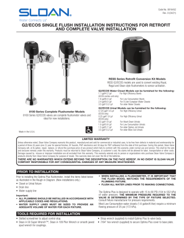 Sloan Optima Plus Valve Installation Instructions | Manualzz