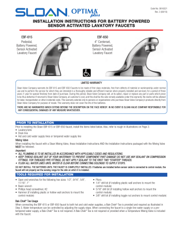 Sloan EBF 615/650 Faucet Installation Instructions | Manualzz