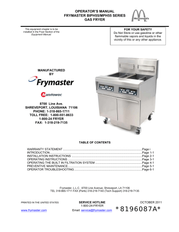Frymaster McDonald's BIPH52-55/MPH52-55 Series Operation Manual | Manualzz