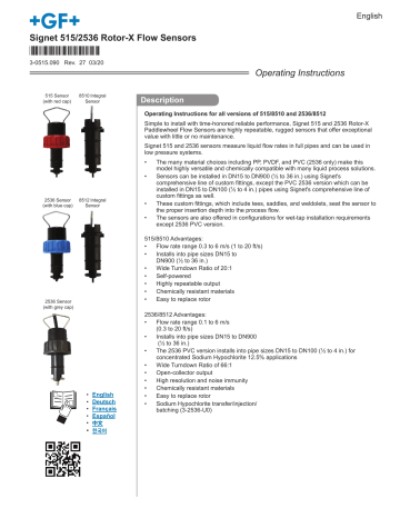 GF Signet Type 515/2536 Rotor-X Flow Sensors Owner's Manual | Manualzz