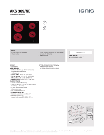 Ignis AKS 309/NE Hob Produktdatenblatt | Manualzz