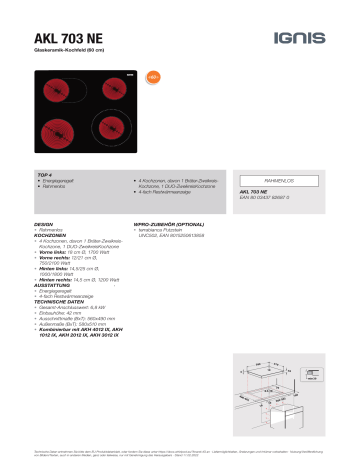 Ignis AKL 703 NE Hob Produktdatenblatt | Manualzz