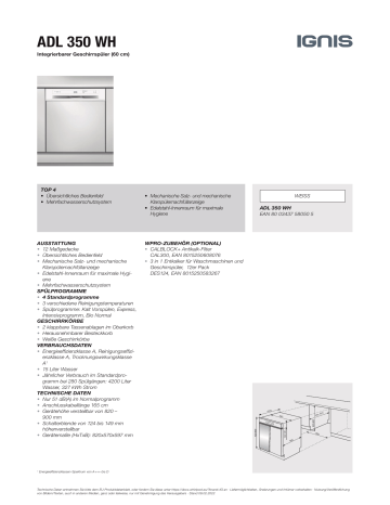 Ignis ADL 350 WH Dishwasher Produktdatenblatt | Manualzz