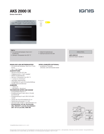 Ignis AKS 2000/IX Oven Produktdatenblatt | Manualzz
