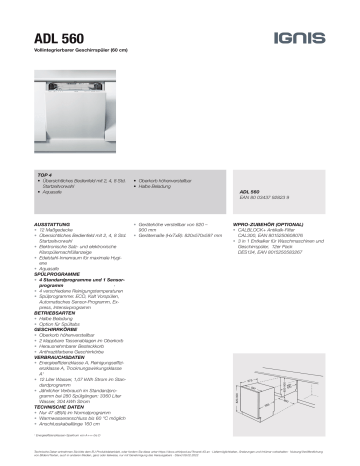 Ignis ADL 560 Dishwasher Produktdatenblatt | Manualzz