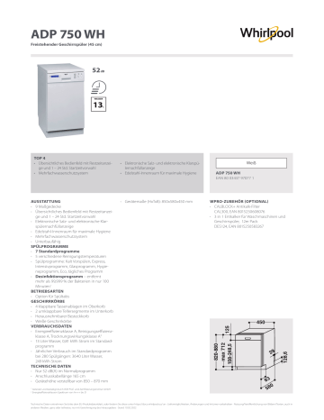 Whirlpool ADP 750 WH Dishwasher Produktdatenblatt | Manualzz