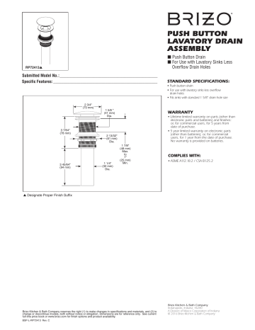 Brizo RP72413NK Push Button Pop-Up Specification | Manualzz