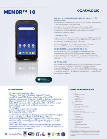 Datalogic Memor 10 Handheld Computer Data Sheet | Manualzz