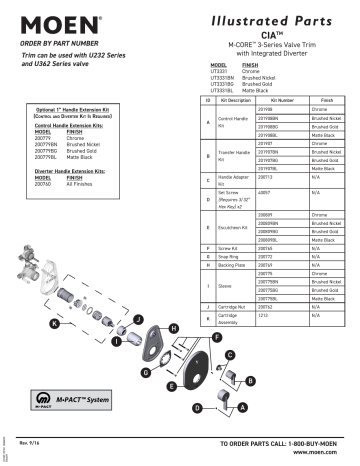 Moen UT3331BG Cia Brushed gold M-CORE Exploded Parts View | Manualzz