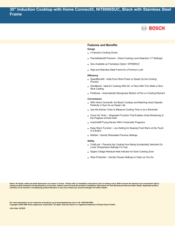 Bosch NIT8060SUC/01 Induction Cooktop Spec Sheet | Manualzz