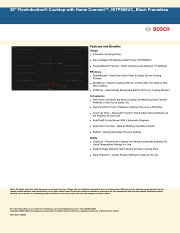 Bosch NITP660UC/01 Induction Cooktop Spec Sheet | Manualzz