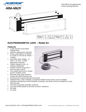 Securitron M62 Magnalock Specifications | Manualzz