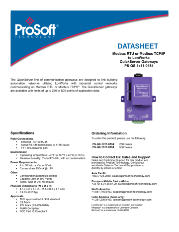 ProSoft Technology PS-QS-1x11-0154 ProductsModbus RTU to LonWorks QuickServer Gateways Datasheet ...