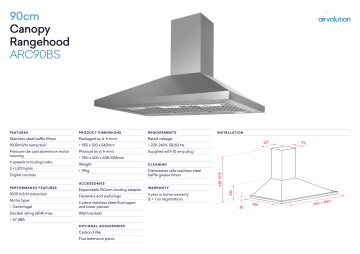 Airvolution ARC90BS 90cm Canopy Rangehood Specifications | Manualzz