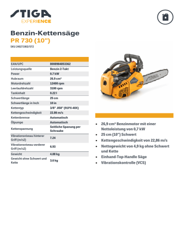 Stiga Benzin-Kettensäge PR 730 - 10" Technical Data Sheet | Manualzz