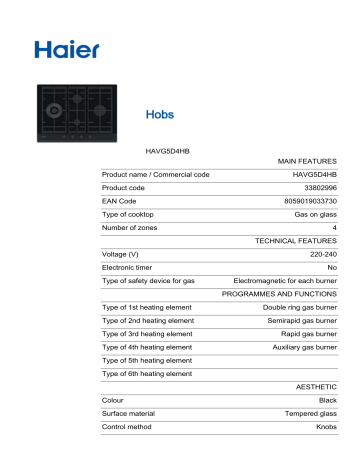 Haier HAVG5D4HB Hobs Gas On Glass Series 6 Product sheet | Manualzz