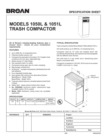 Broan 1050L Trash Compactor Specification Sheet | Manualzz