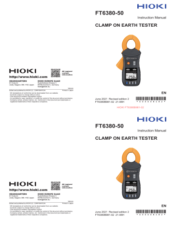 Hioki CLAMP ON EARTH TESTER FT6380-50 Instruction Manual | Manualzz