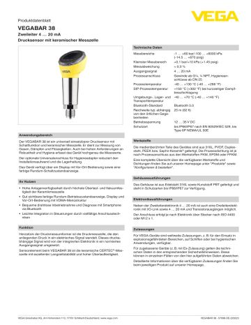 Vega VEGABAR 38 Pressure sensor with switching function Spezifikation ...
