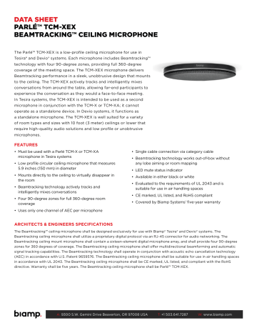 Biamp Parlé TCM-XEX Ceiling Microphone Data Sheet | Manualzz