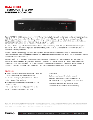 Biamp TesiraFORTÉ X 800 Meeting Room DSP Data Sheet | Manualzz