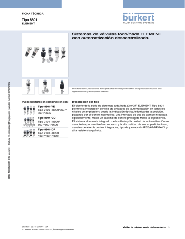 Burkert 8801 ELEMENT On/Off Valve Systems Ficha de datos | Manualzz