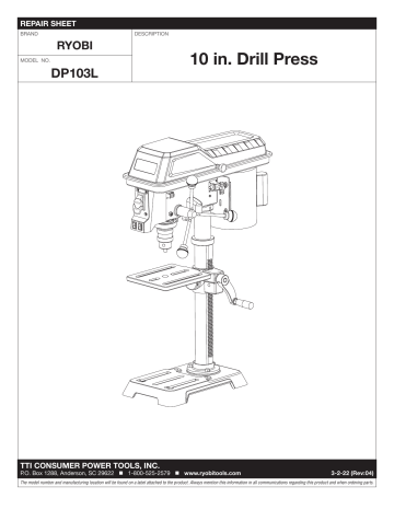 RYOBI DP103L 10" Drill Press Repair Sheet | Manualzz