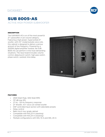 RCF SUB 8005-AS ACTIVE HIGH POWER SUBWOOFER SpecSheet | Manualzz