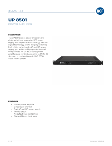 RCF UP 8501 POWER AMPLIFIER SpecSheet | Manualzz